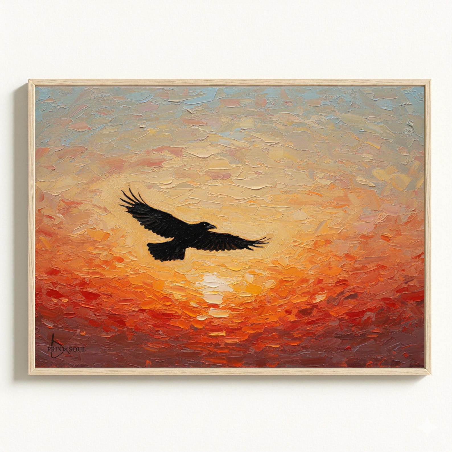Impasto Raven Black Bird Print, Sunset Oil Painting, Terracotta Decor ...