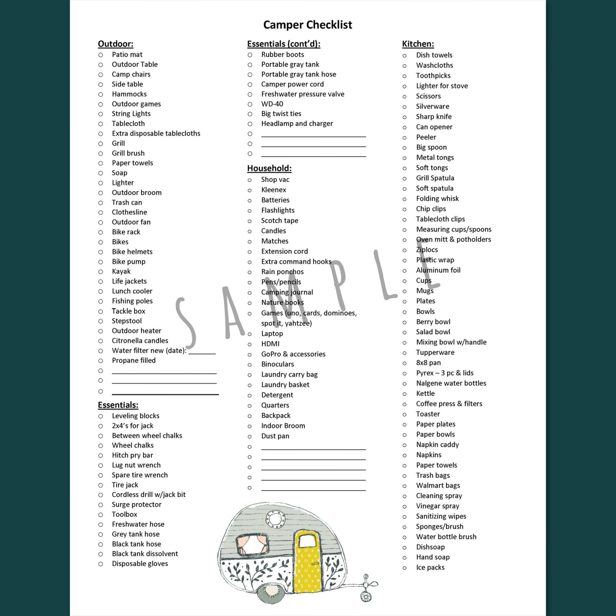 RV Checklist - Camping Checklist - PDF Instant Download - Etsy