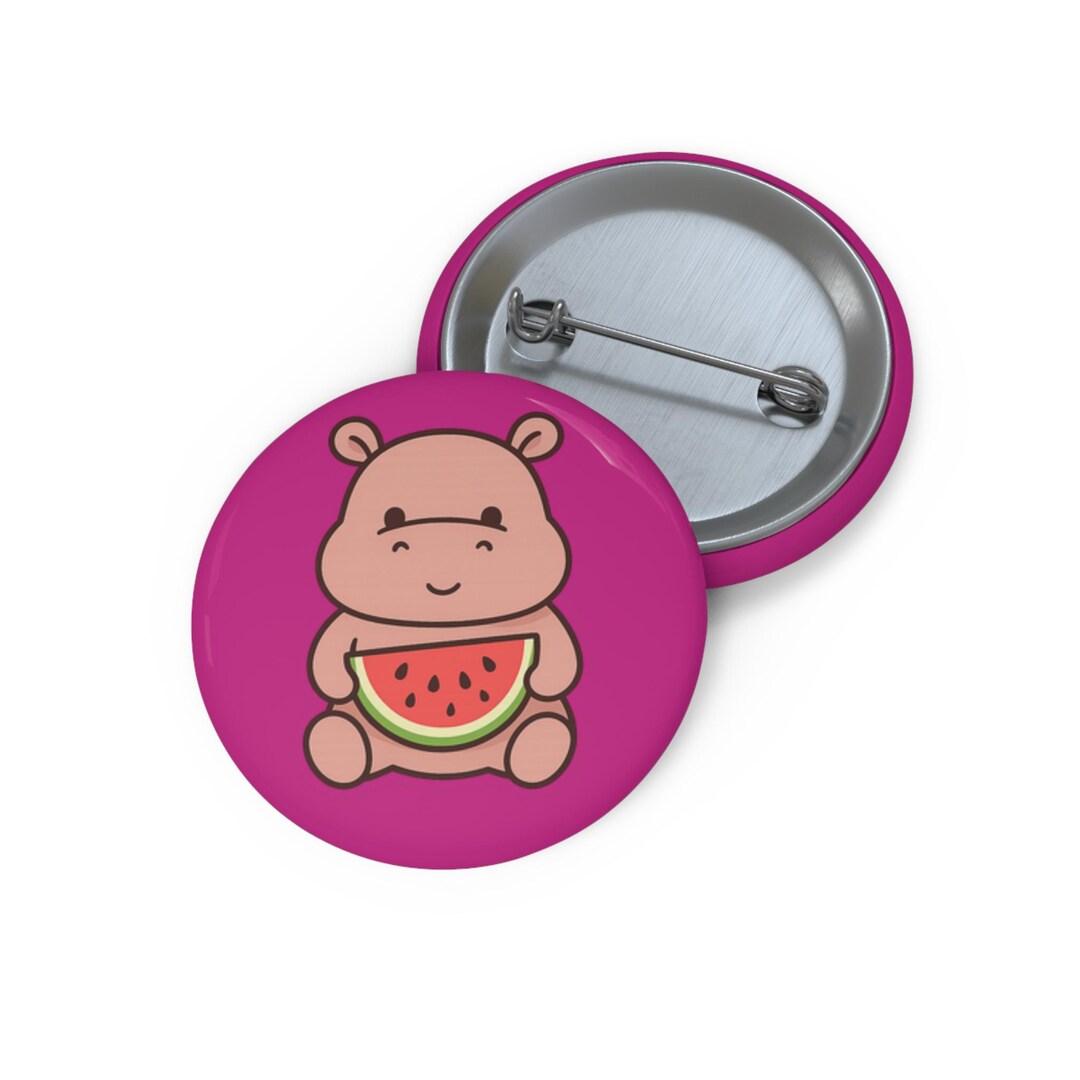 Cute Hippo With Watermelon Pin Button | Pink Round Badge.button for ...
