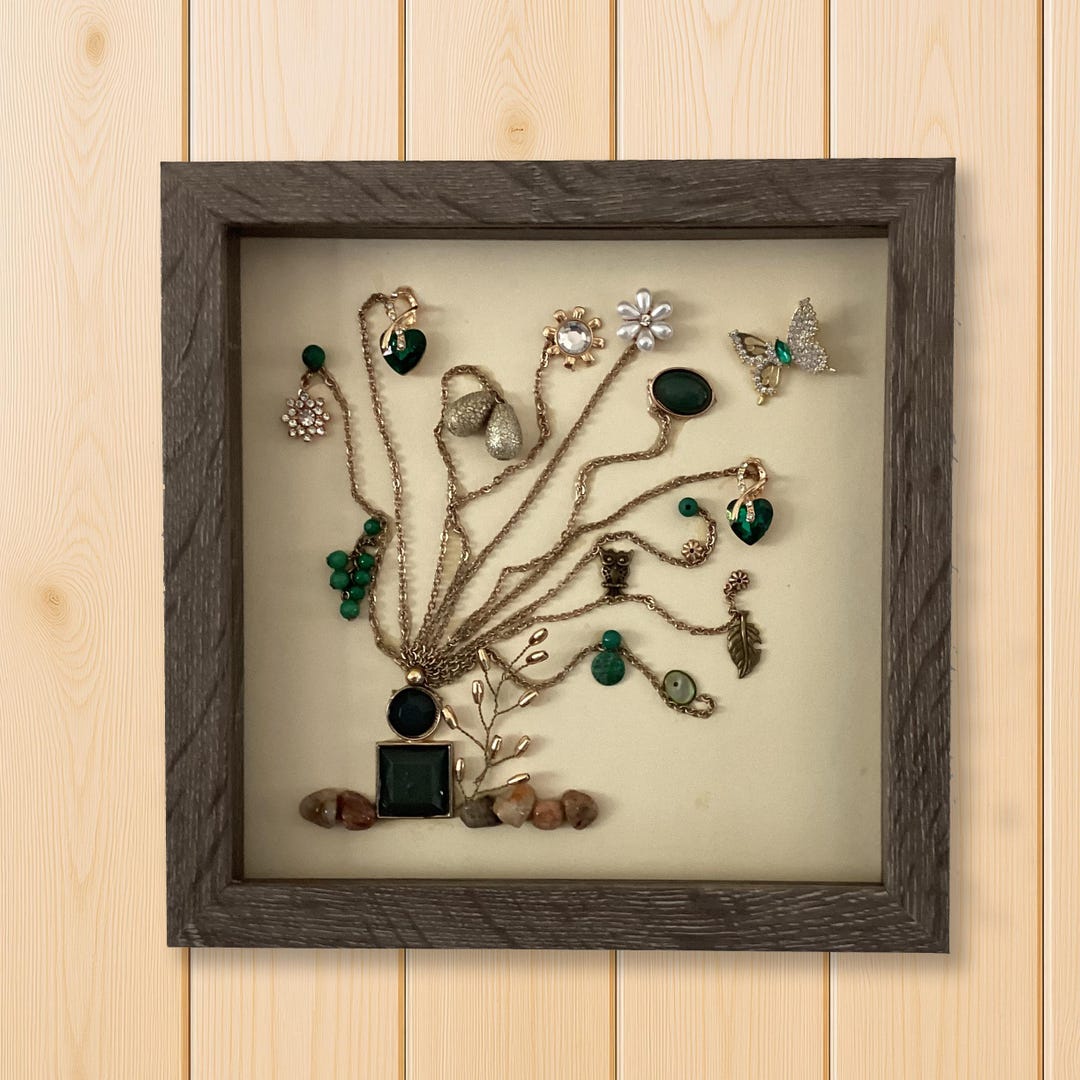 8x8 Jewelry Tree Shadowbox – One-of-a-kind Gold Tree With Green & Pearl ...