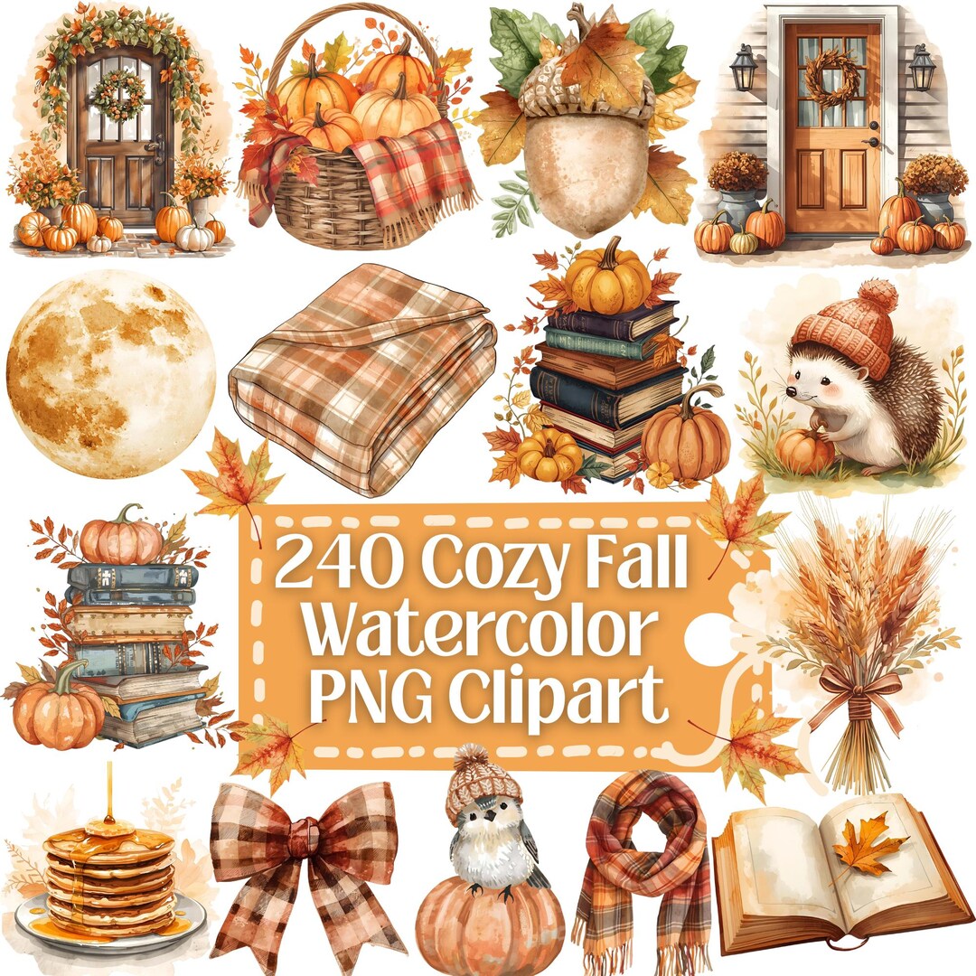 Watercolor Fall Clipart Bundle: Cozy Autumn PNG Designs (digital ...