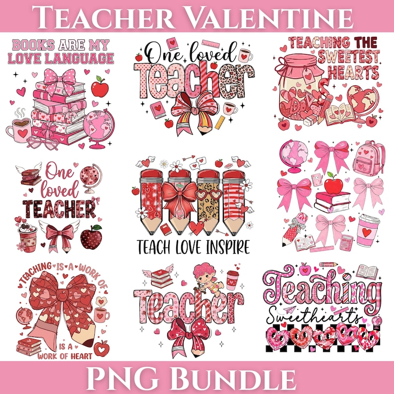 Teacher Valentine PNG Bundle, Coquette Bow Retro Teacher Valentines Shirt Design Sublimation ...