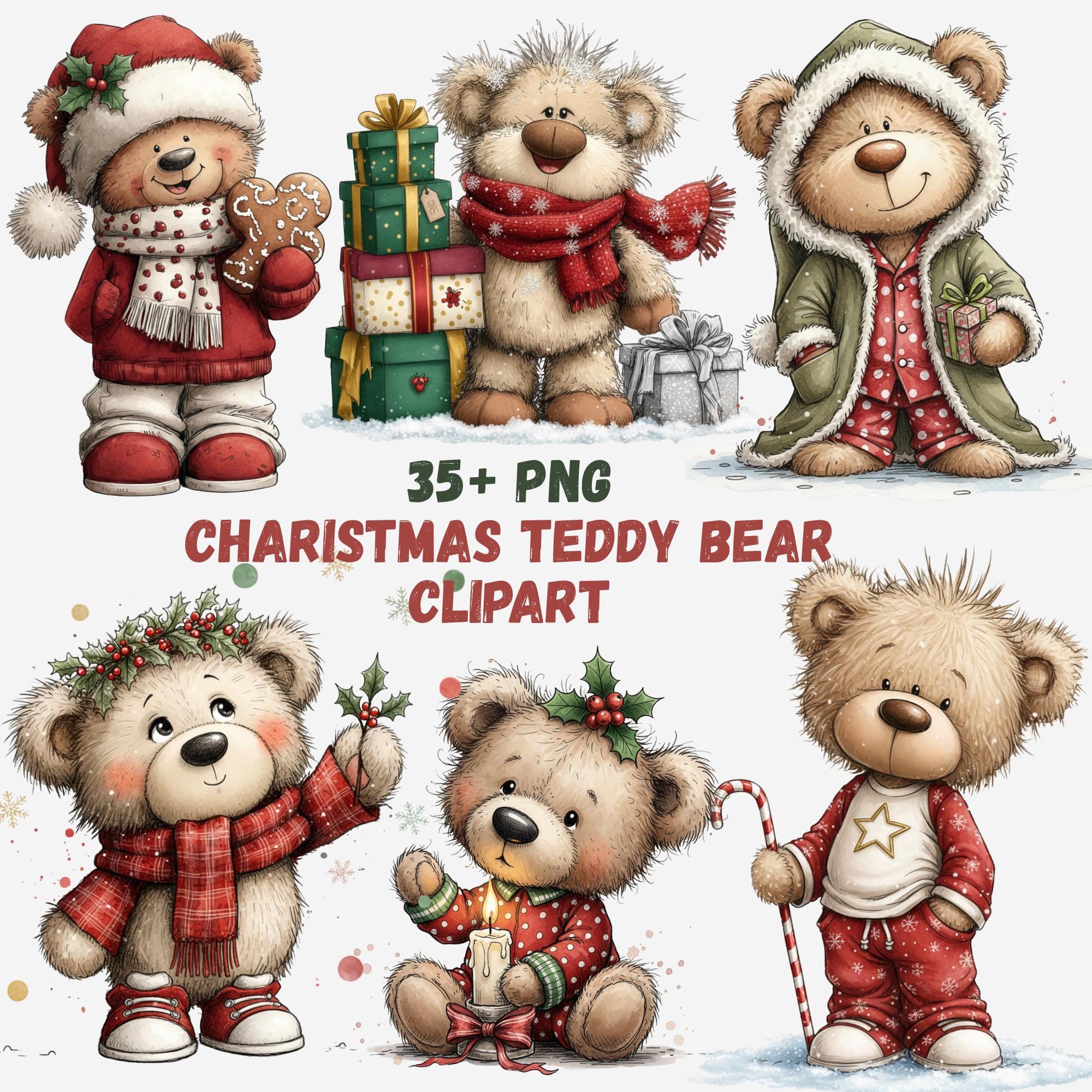 Christmas Teddy Bear Clipart, Festive Holiday Graphics Illustration ...