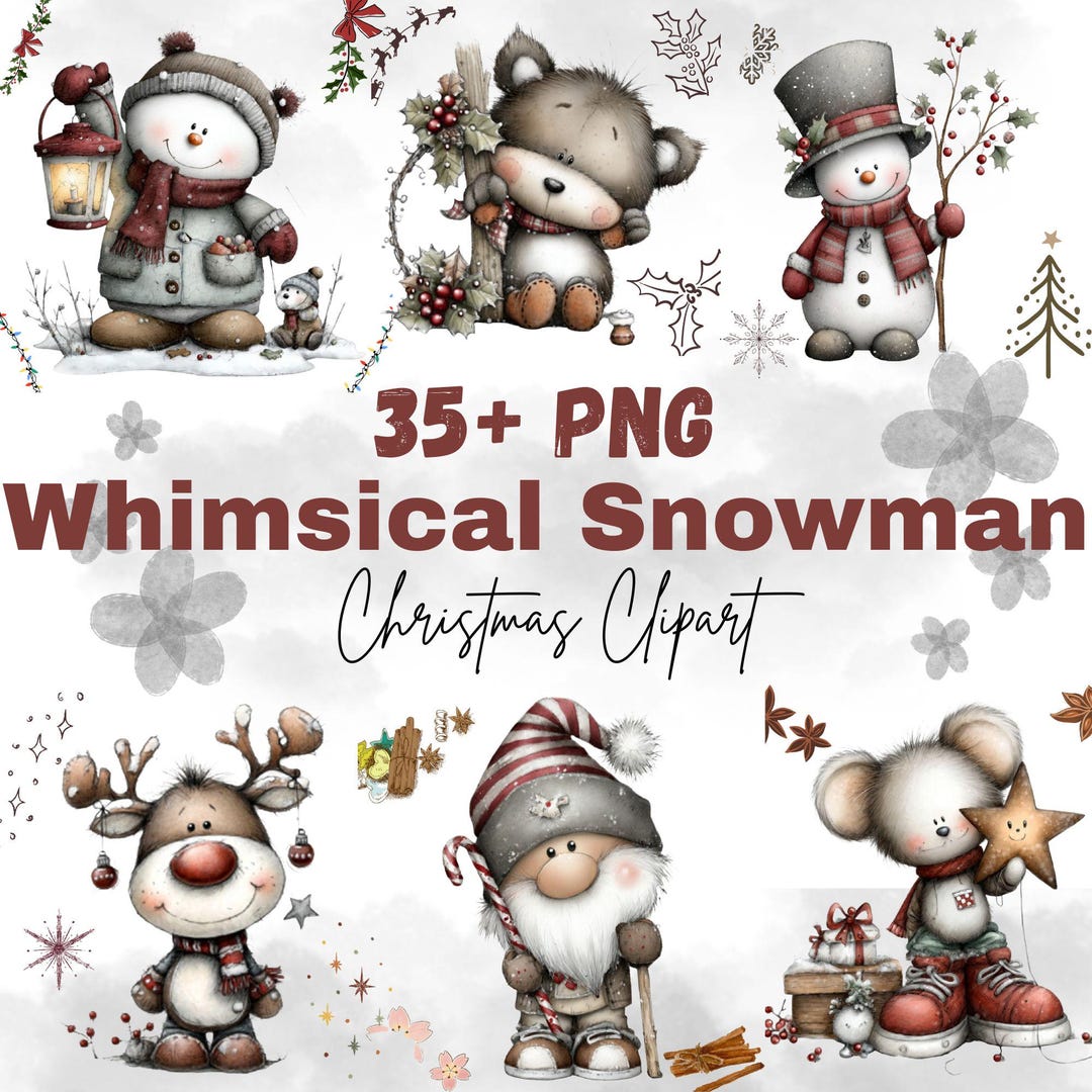 Whimsical Snowman Christmas Clipart Bundle, Festive PNG Graphics (35 ...