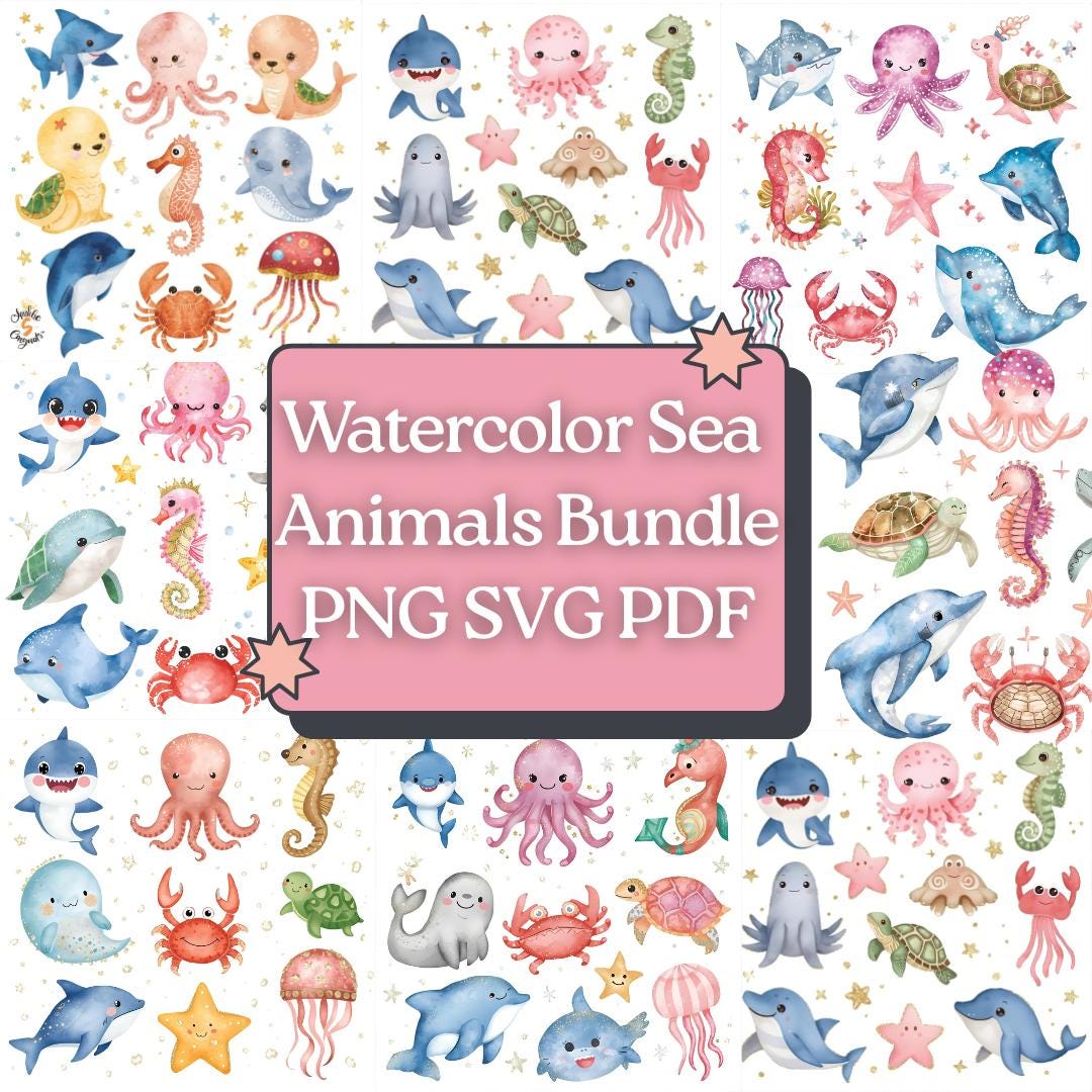 Buy Watercolor Sea Animal Clipart Bundle: PNG & SVG, Nursery Art Online ...