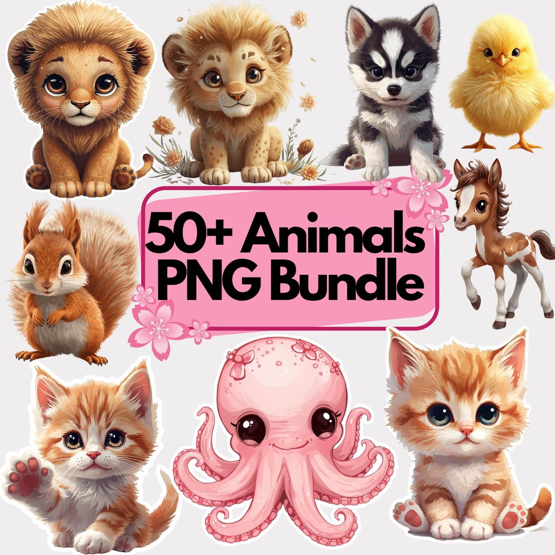 Watercolor Baby Animals Clipart Bundle, 50+ PNG Designs, Cute-animal ...
