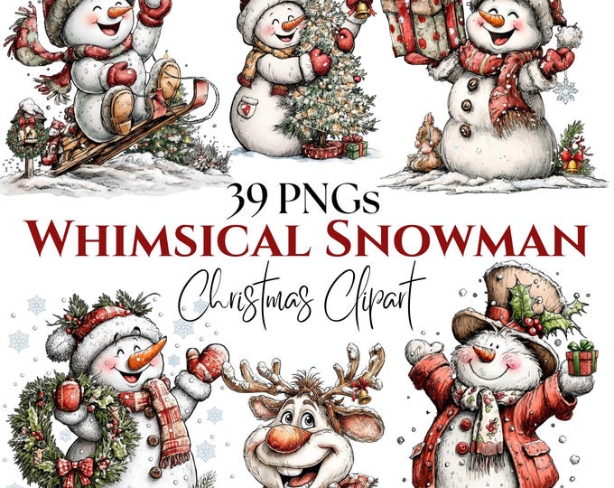 Whimsical Snowman Christmas Clipart: Festive Holiday Graphics (digital ...