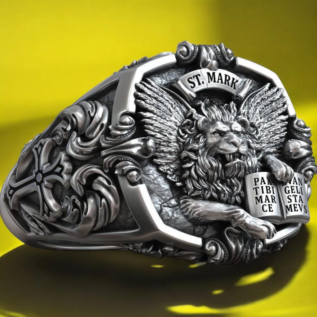 St. Mark Evangelist Lion Ring, Handmade Christian Signet With Gospel ...