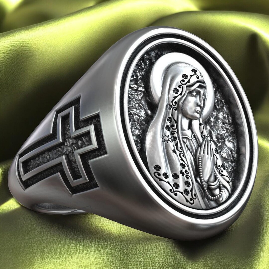 Virgin Mary Signet Ring, Handmade Silver Gold Inlay Religious Ring ...