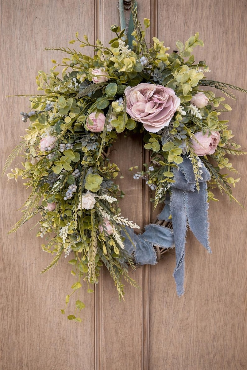 Romantic Greenery Wreath With Blush Flowers | Light Airy Front Door Wreath - Etsy