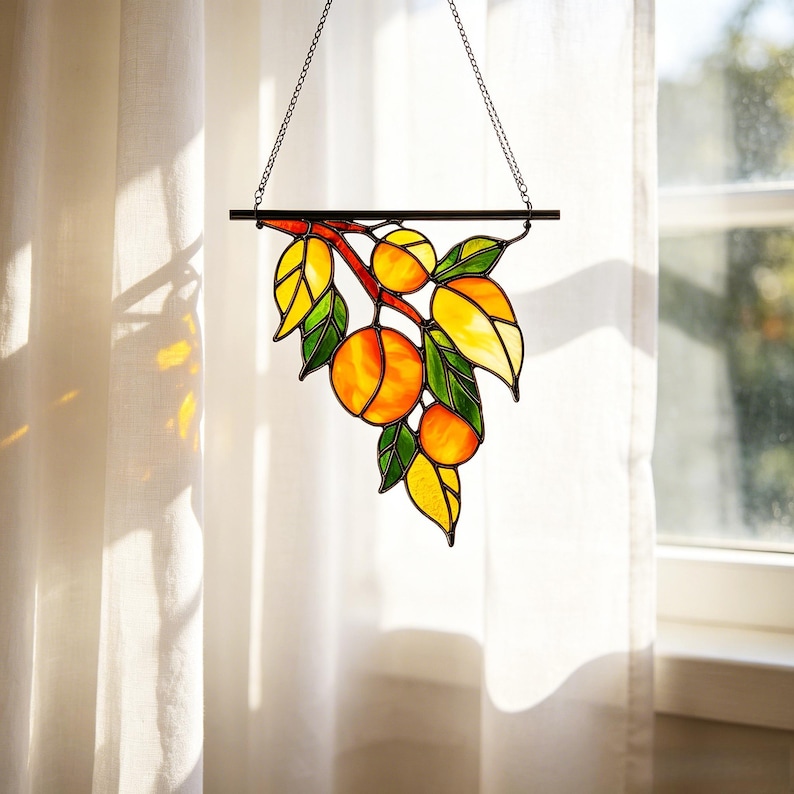 Orange Citrus Branch Stained Glass Suncatcher, Vibrant Fruit Ornament ...