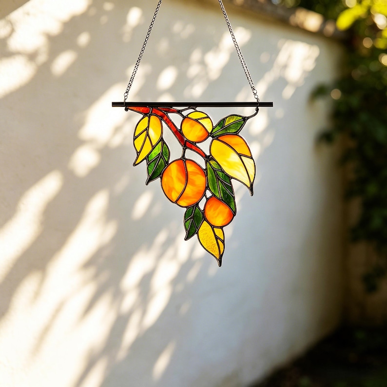 Orange Citrus Branch Stained Glass Suncatcher, Vibrant Fruit Ornament ...