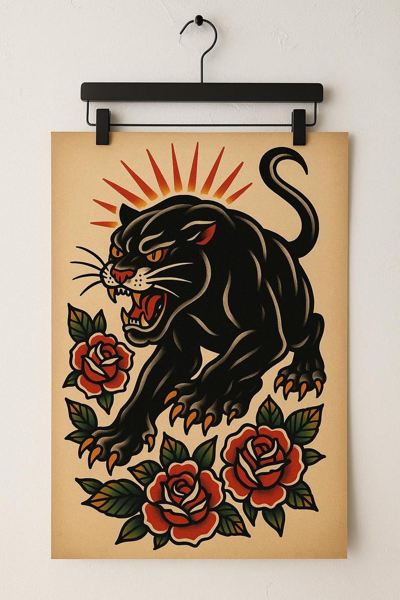 Classic Panther Tattoo Flash Poster | Two Designs Traditional Style ...