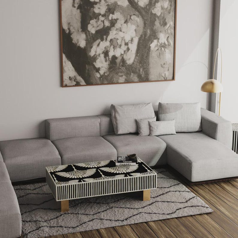 Phoenix Bone Inlay Rectangular Coffee Table – Artistic Black & White ...