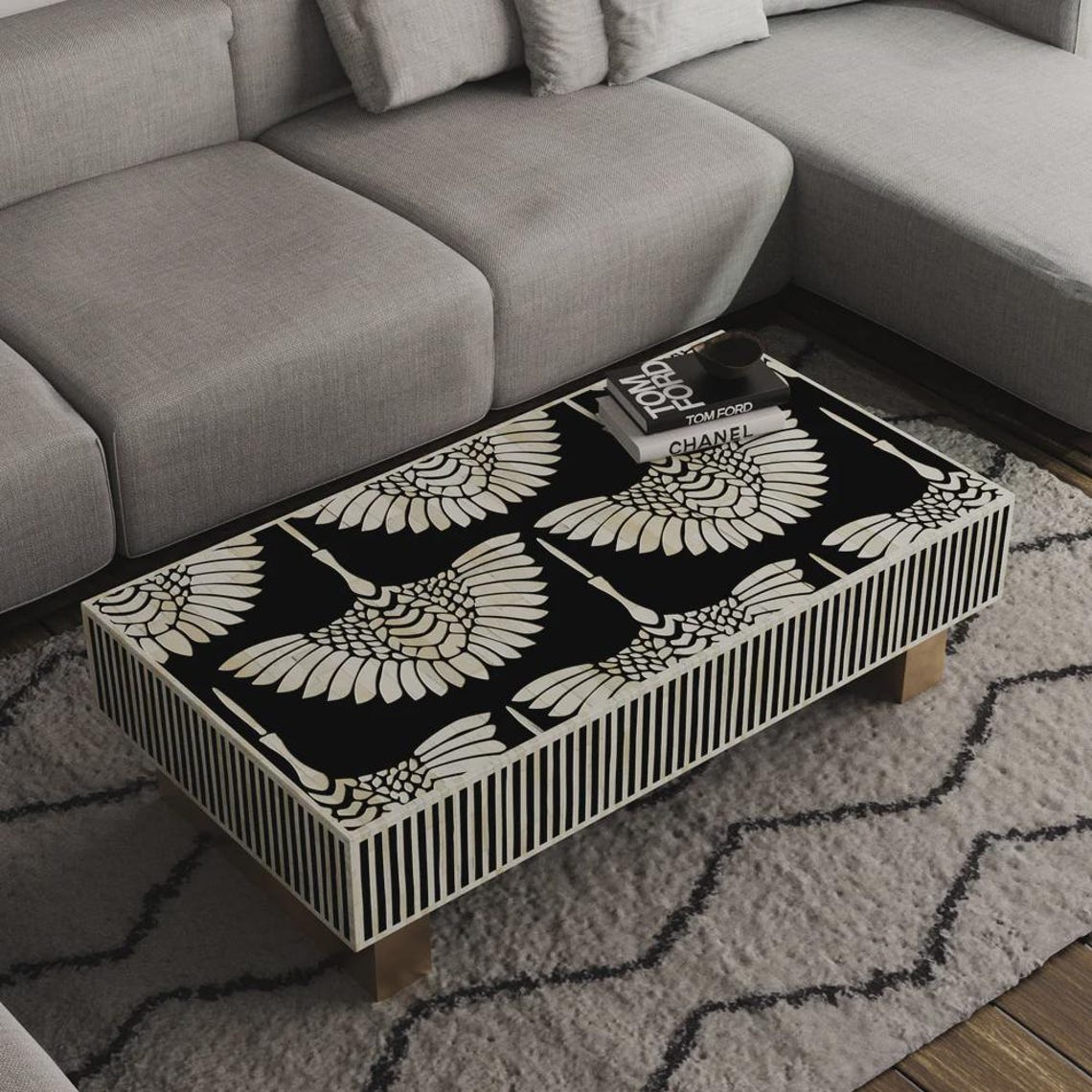 Phoenix Bone Inlay Rectangular Coffee Table – Artistic Black & White ...