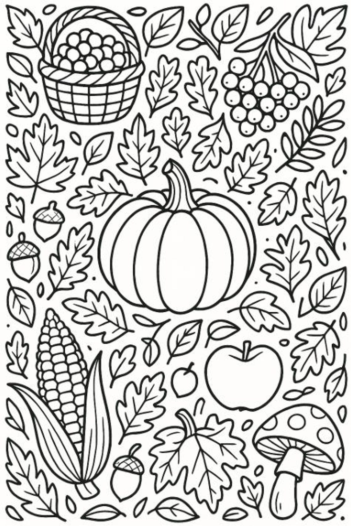 Fall Harvest Coloring Page – Pumpkins, Leaves, Acorns (PDF Download) - Etsy