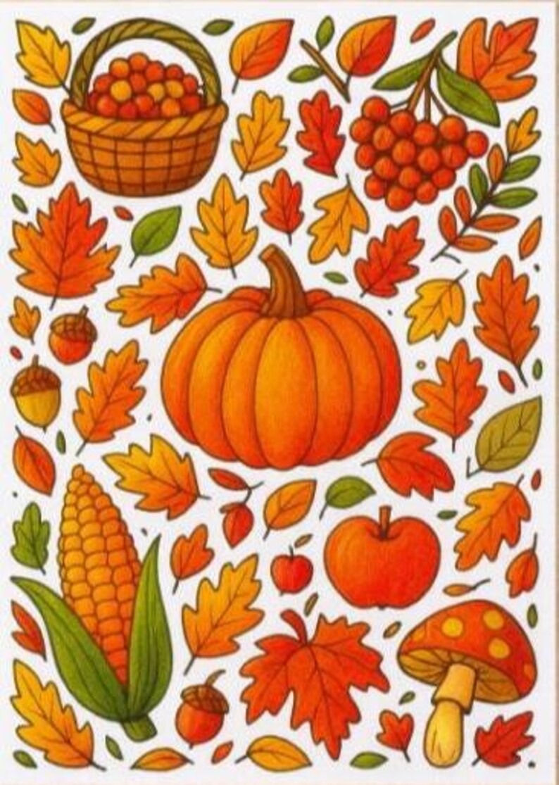 Fall Harvest Coloring Page – Pumpkins, Leaves, Acorns (PDF Download) - Etsy