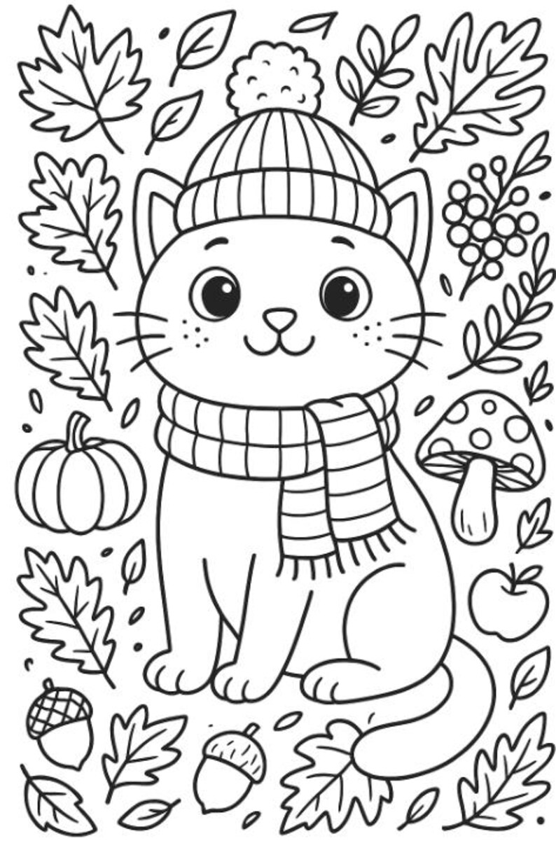 Fall Cat Coloring Page – Cozy Autumn Art, Kids & Adults (PDF) - Etsy