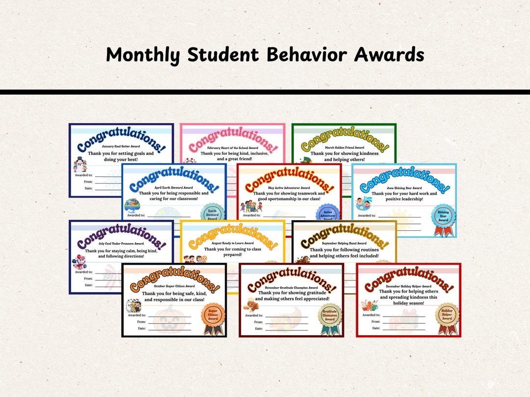 Monthly Student Awards for Positive Behavior, Kindergarten and ...