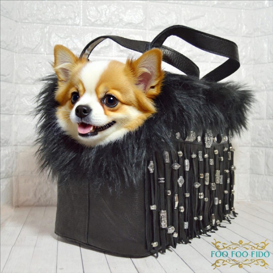 Black Western Leather Pet Carrier • Beaded Fringe Dog Bag • Concho ...
