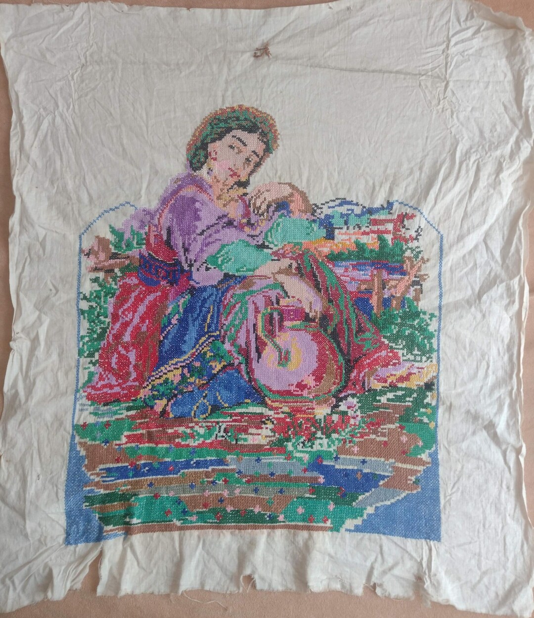 Vintage Handmade Italian Style Cross Embroidered Picture - Etsy
