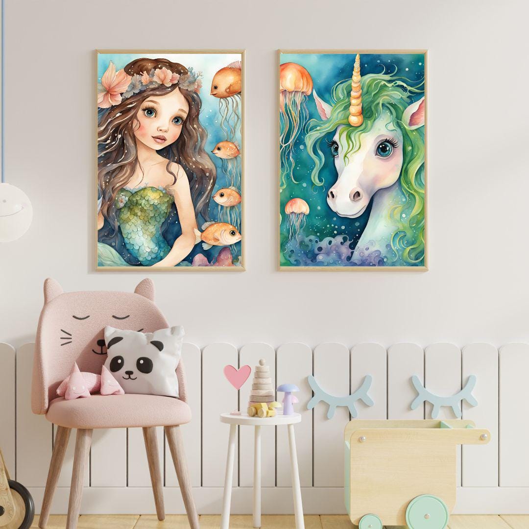 Mermaid Poster Set 2nd - Digital Download | Ocean Unicorn Nursery Decor ...