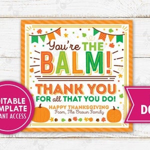 Fall Lip Balm Gift Tag You're the Balm Thank You Printable - Etsy