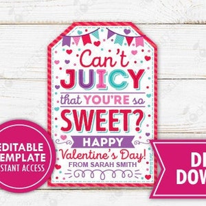 Juice Box Valentine's Day Gift Tag Printable Valentine Can't Juicy That ...