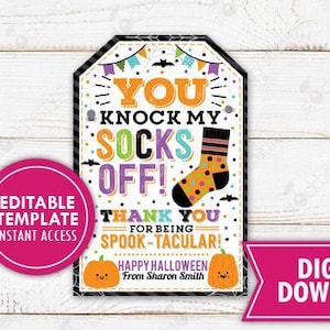 Halloween Socks Gift Tag Printable Teacher Appreciation Staff Volunteer ...