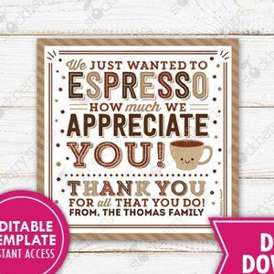 Coffee Gift Tag Printable Espresso Thank You Tag Thanks A Latte Teacher ...