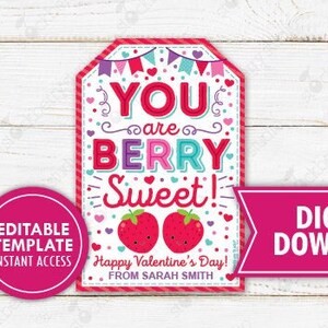 Valentine You Are Berry Sweet Tag Printable Fruit Snacks Fruit Strip ...