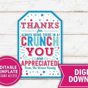 Crunch Gift Tag Printable Team Staff Appreciation Crunch Friend ...