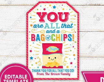 Valentines Chip Tags, Thank You Labels, Printable, INSTANT EDITABLE ...