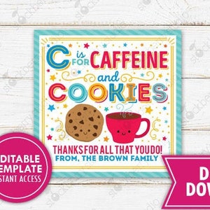 Teacher Gift Tag C is for Caffeine and Coffee Gift Tag Teacher - Etsy