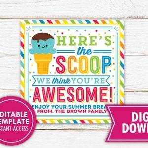 Ice Cream Gift Tag Summer Gift Tags End of School Year Staff Employee ...