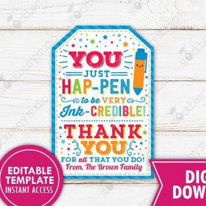Pen Gift Tag Printable Pen Thank You Tag Teacher Appreciation Hap-pen ...