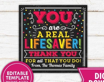 You Are a Lifesaver Gift Tag, Teacher Staff Nurse Employee Volunteer ...