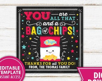 Chips Gift Tag Printable You Are All That and a Bag of Chips | Etsy