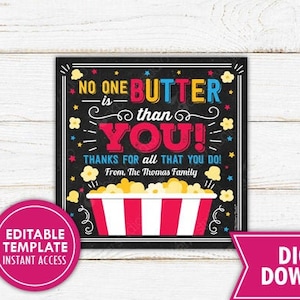 Popcorn Tag No One is Butter Than You Teacher Appreciation Tag ...