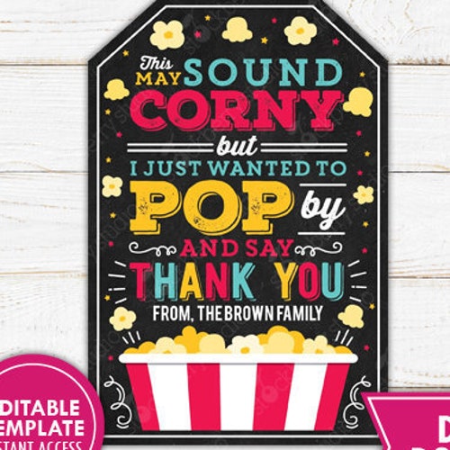 Editable Popcorn Thank You Gift Tag Printable Volunteer Staff - Etsy