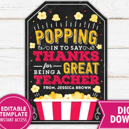 EDITABLE Popcorn Thank You Tags Teacher Appreciation Treat - Etsy