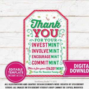 Christmas Mint Gift Tags Printable Peppermint Thank You Tags Volunteer ...