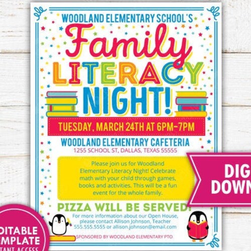 EDITABLE Family Literacy Night Flyer Printable PTA PTO Flyer - Etsy