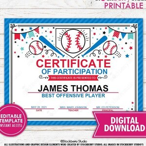 Baseball Award Certificate Printable End of Season Team Awards T-ball ...