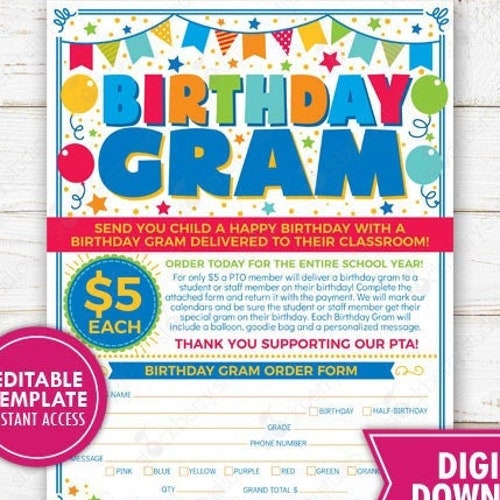 Birthday Gram Order Form Flyer Printable Balloon School - Etsy