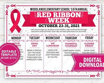 Red Ribbon Week Schedule Activity Flyer Printable for School PTA | PTO ...