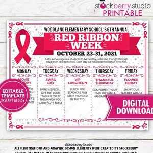 Red Ribbon Week Schedule Itinerary Flyer Printable School PTO PTA ...