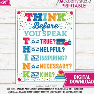 Think Before You Speak Sign Teacher Classroom Decor Teacher Classroom ...