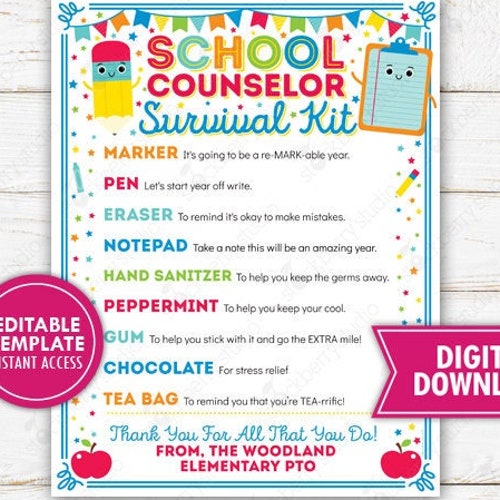 School Counselor Survival Kit Printable Thank You Guidance - Etsy