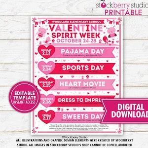 Valentine School Spirit Week Itinerary Flyer Printable Calendar ...